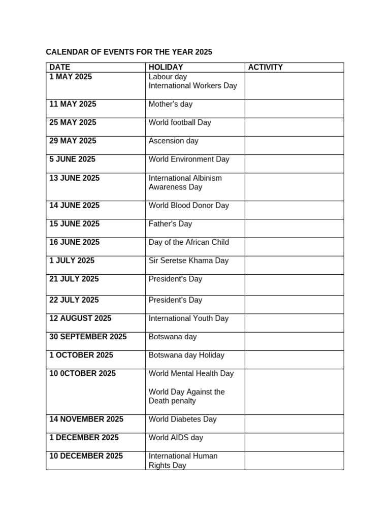 2025 Events Calendar Overview | PDF