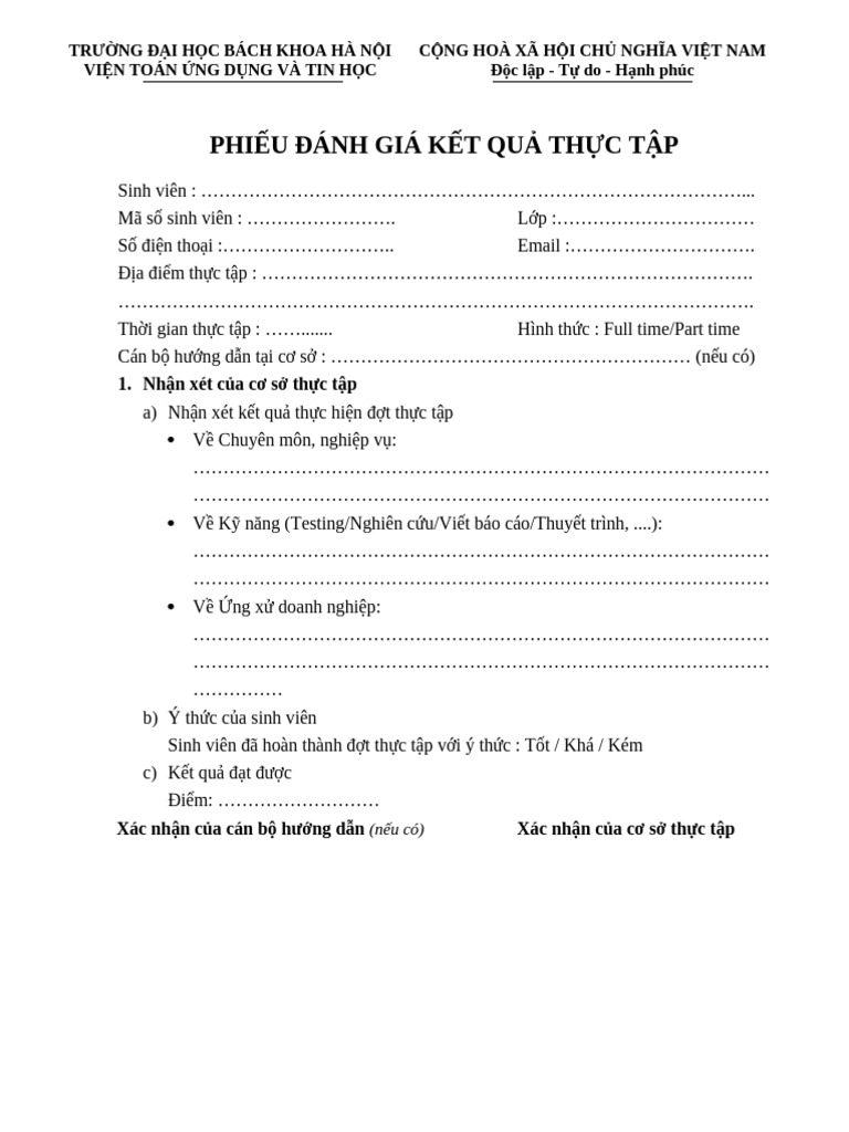 MI - bm13.8 Phieu Danh Gia Ket Qua Thuc Tap 2 | PDF