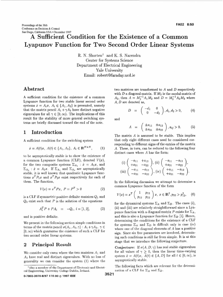 R N. Shorten 1997 A Sufficient Condition For The Existence of A Common Lyapunov Function For Two ...