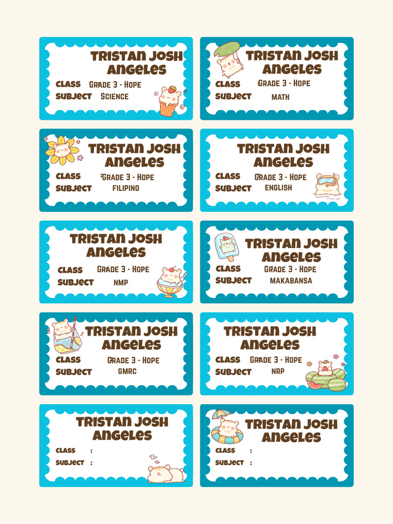 Cream Colorful Cute Name Label A4 Document | PDF