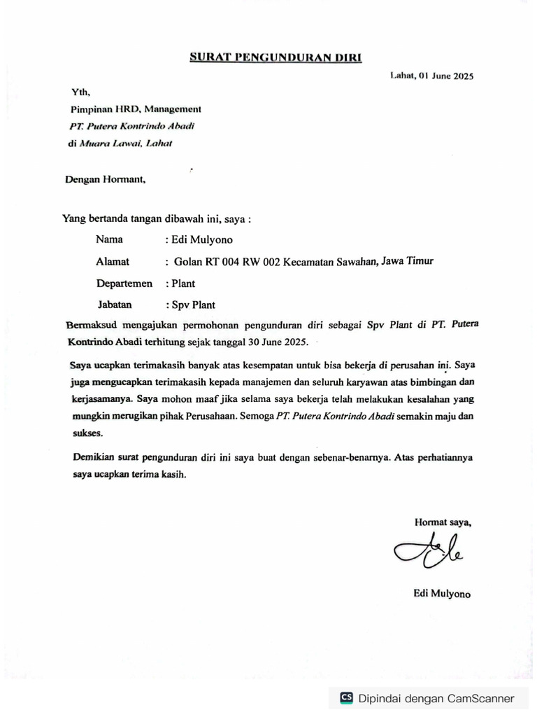 Surat Pengunduran Diri Edi Mulyono | PDF