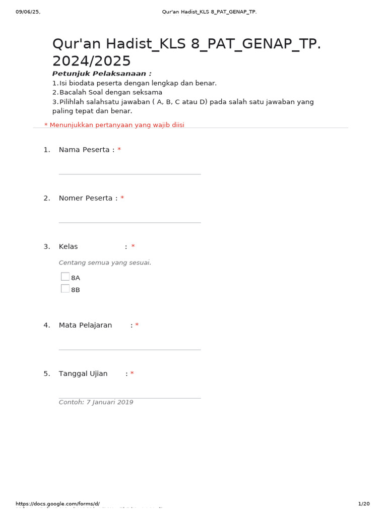 Qur'an Hadist - KLS 8 - PAT - GENAP - TP. 2024 - 2025 - Google Formulir | PDF