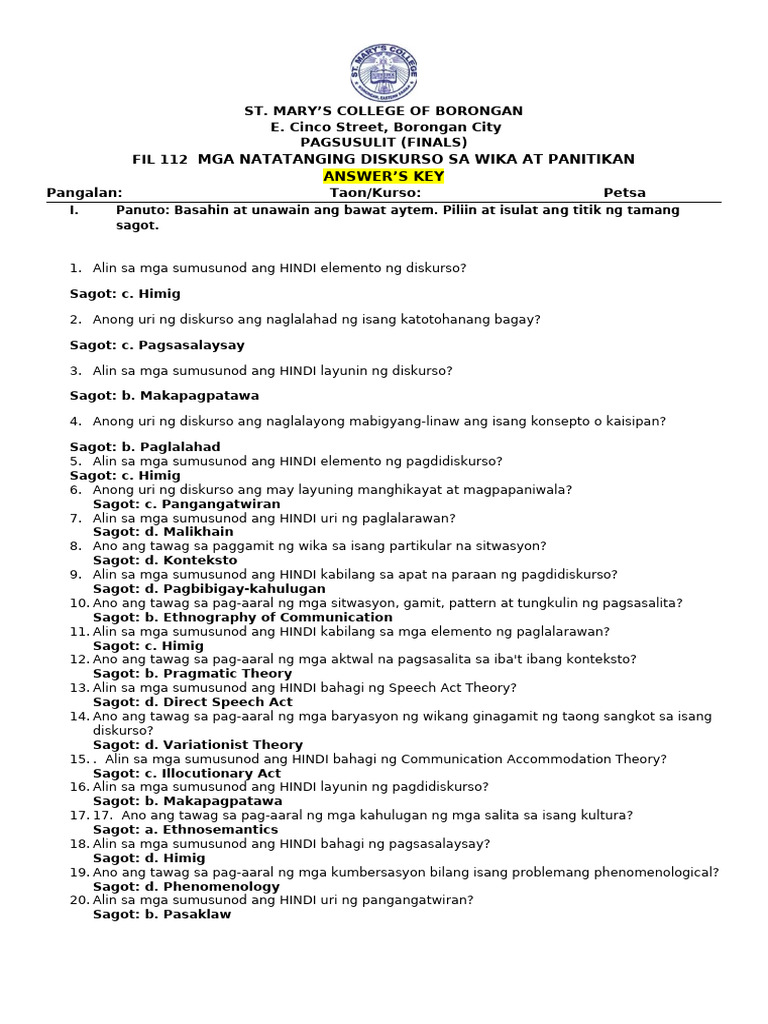 Summer Class Finals Answer's Key - Fil 112 Mga Natatanging Diskurso Sa Wika at Panitikan | PDF