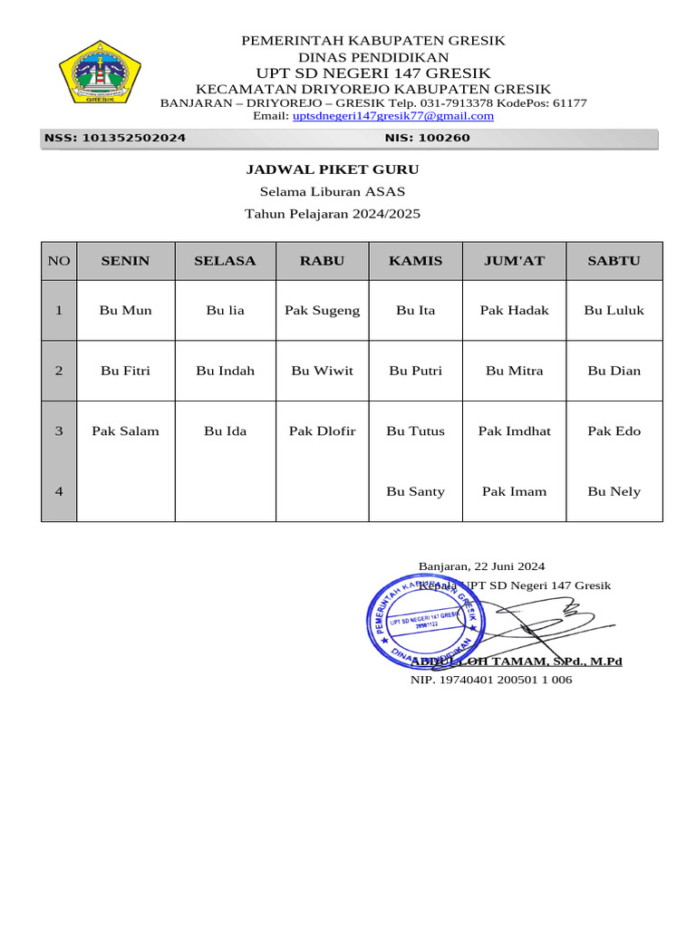 Jadwal Piket Guru Liburan ASAS 24-25 Edit | PDF