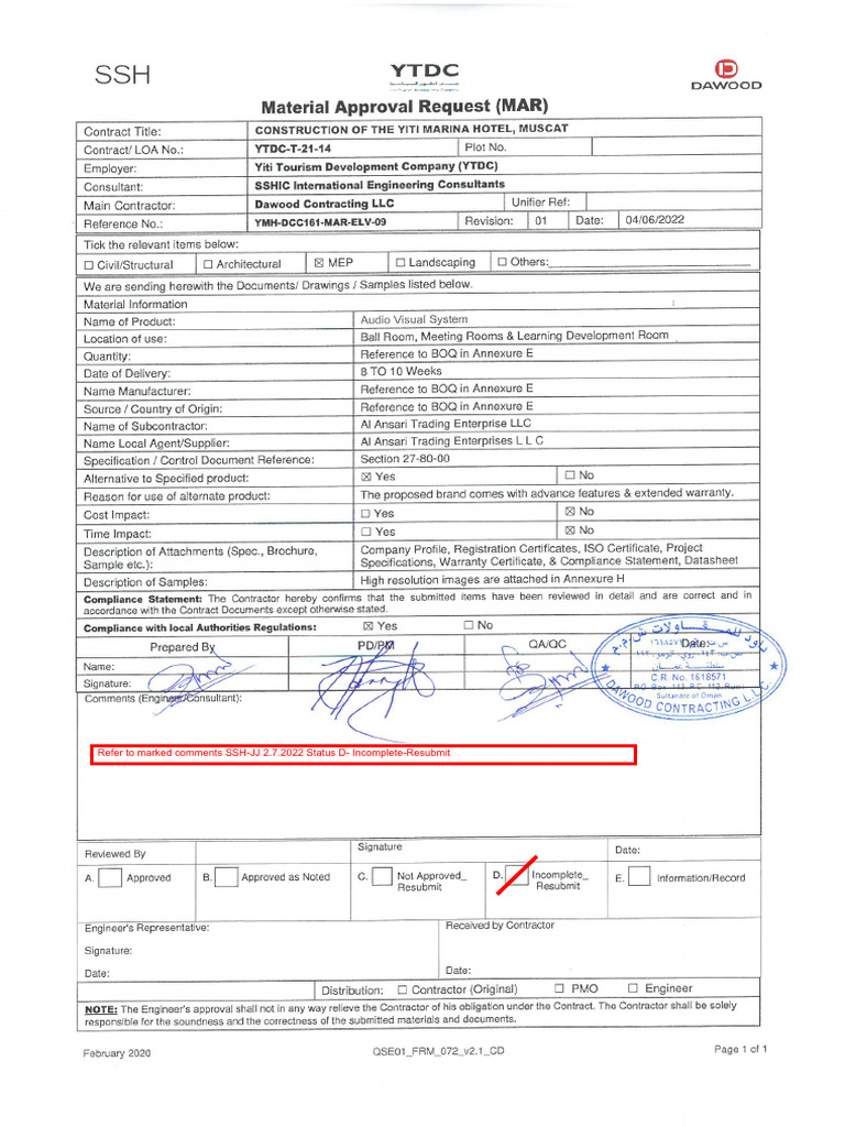 MATERIAL APPROVAL REQUEST - Audio Visual System - Code D | PDF ...