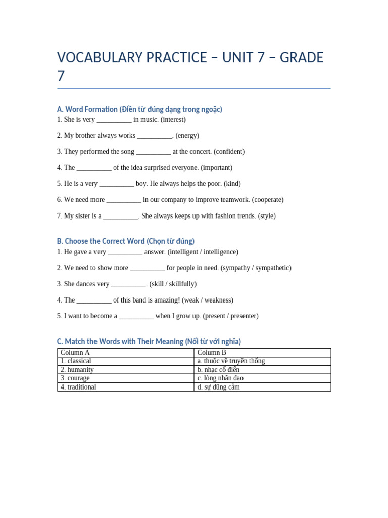 Vocabulary Unit 7 Practice | PDF