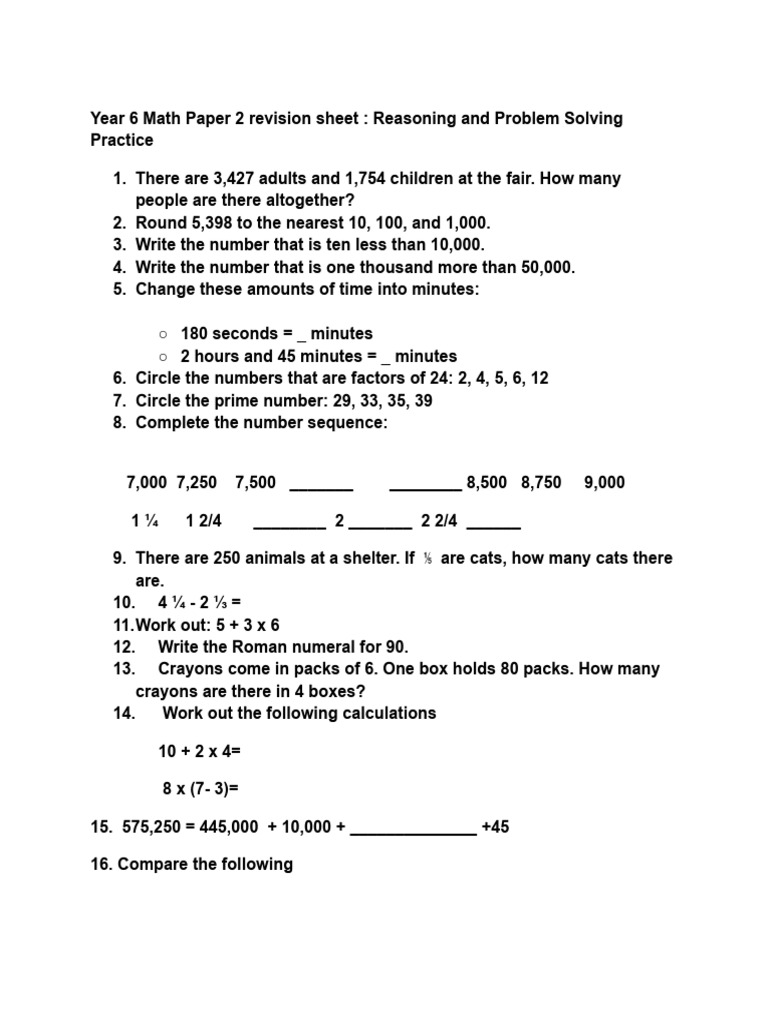 Math Paper 2 Revision Sheet - Reasoning & Problem Solving | PDF