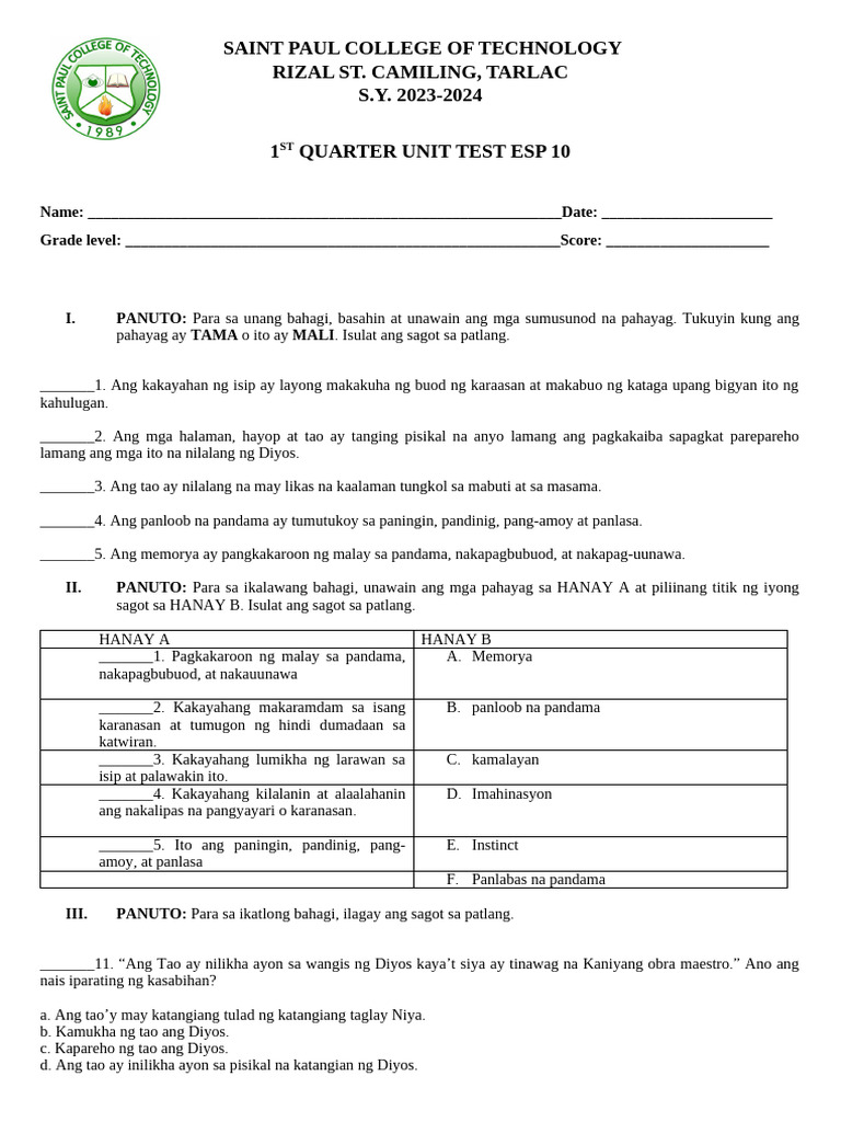Unit Test Esp Grade 10 | PDF