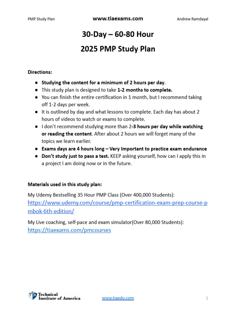 30-Day PMP Study Plan by Andrew Ramdayal | PDF | Project Management ...