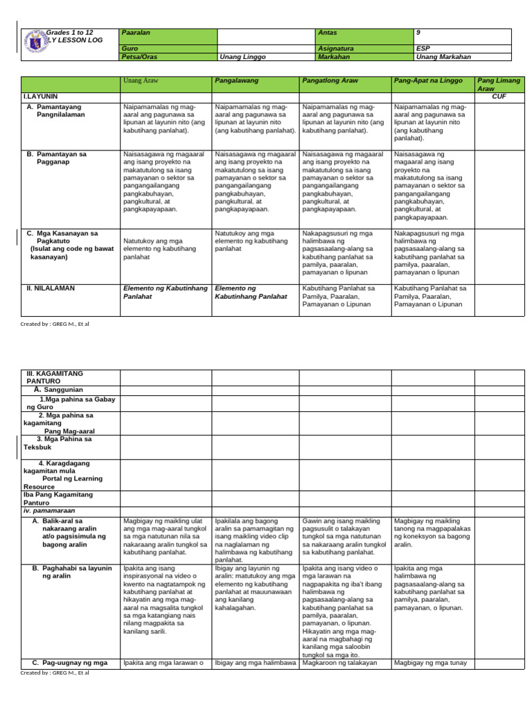 DLL Esp9 Q1 WK1 | PDF