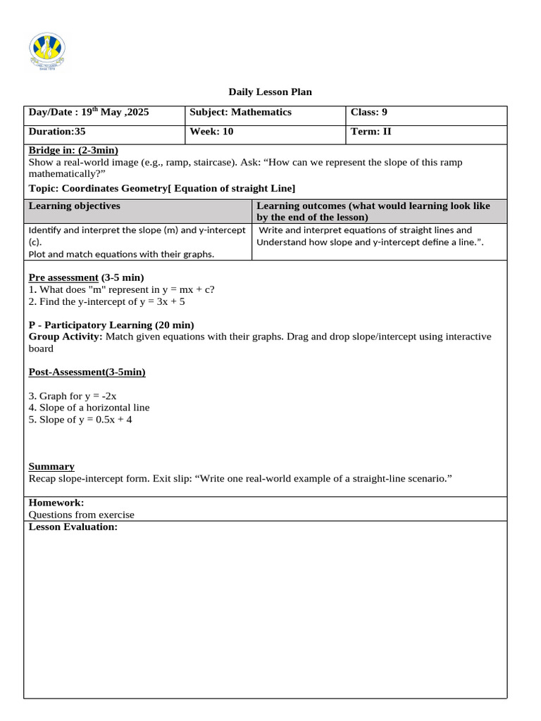 Class 9 Lesson Plan 19th May-23rd May 2025 | PDF | Line (Geometry) | Slope
