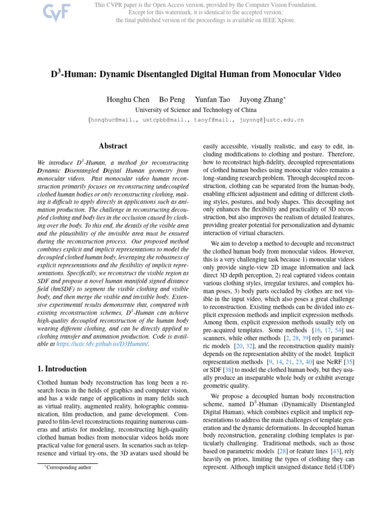 Chen D3-Human Dynamic Disentangled Digital Human From Monocular Video ...
