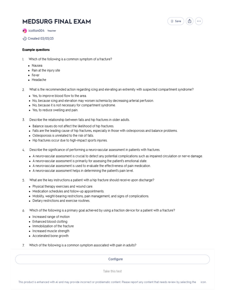 MEDSURG FINAL EXAM Test Questions - Quizlet | PDF | Osteoporosis | Pain
