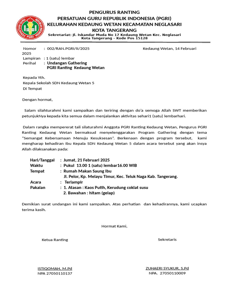 Undangan Gathering Pgri Ranting Kedaung Wetan | PDF