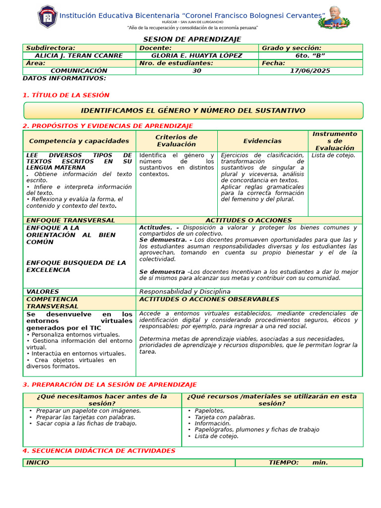 Sesión de A. Comunicación. Identificamos El Género y Número Del Sustantivo. 17.06.2025 | PDF ...
