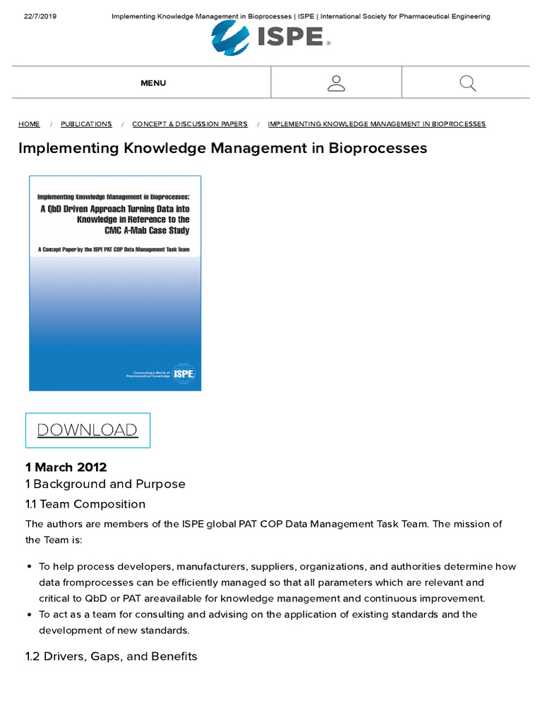 Implementing Knowledge Management in Bioprocesses - ISPE - International Society For ...