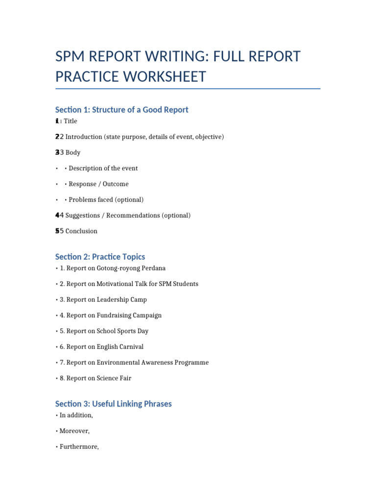 SPM Report Full Report Practice Worksheet | PDF
