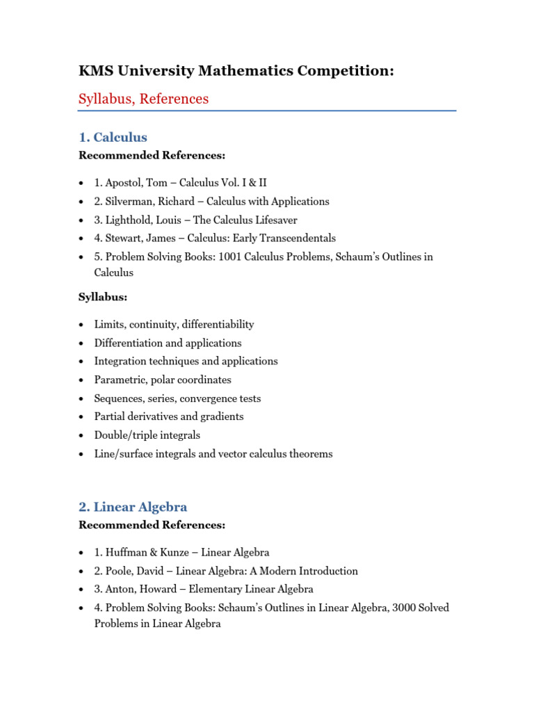 KMS Math Competition Syllabus and References | PDF