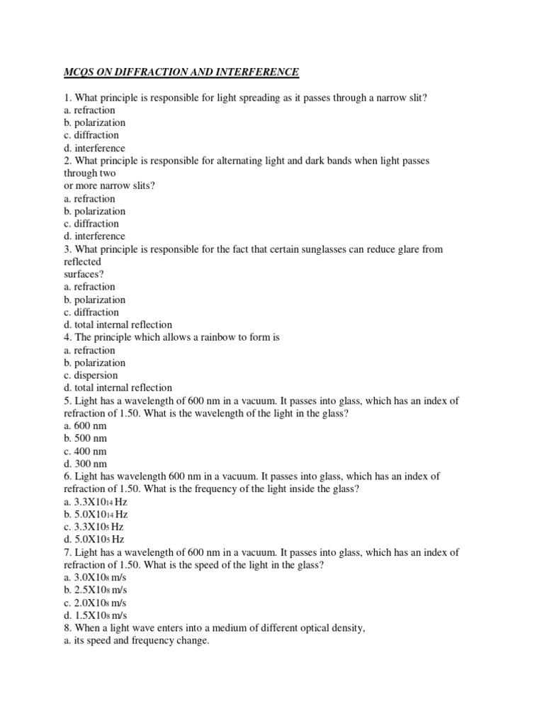 MCQS_ON_DIFFRACTION_AND_INTERFERENCE | PDF | Wavelength | Diffraction