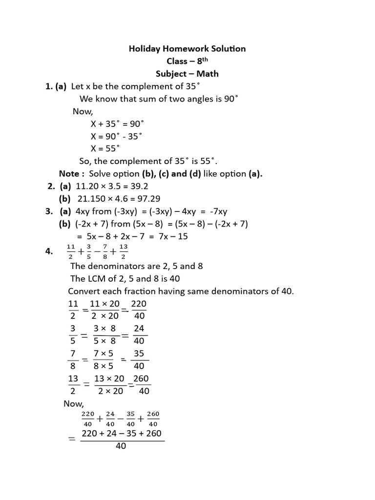 Maths Holiday Homework Solution Class - 8th | PDF