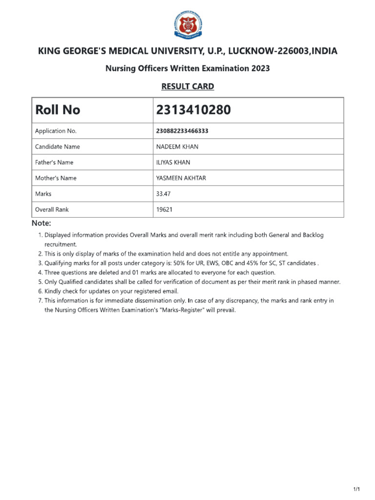 Kgmu Score Card | PDF