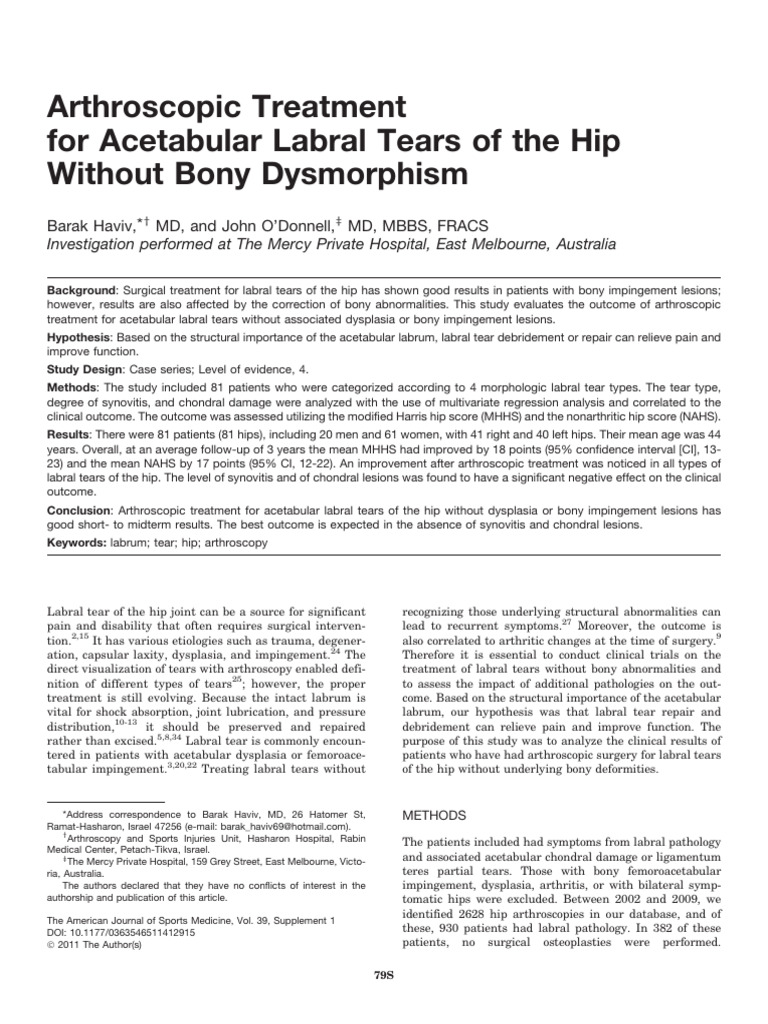 Arthroscopic Treatment For Acetabular Labral Tears of The Hip Without ...