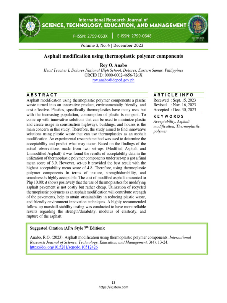Asphalt Modification Using Thermoplastic | PDF | Plastic | Road Surface