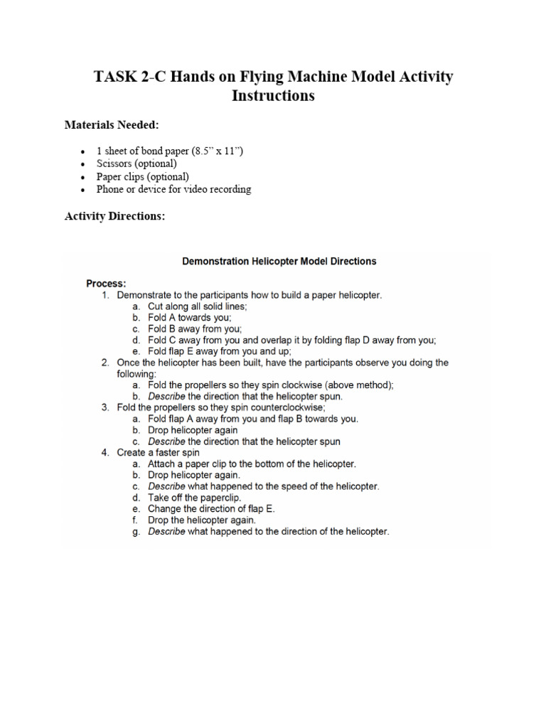 TASK 2 C. Hands On Flying Machine Model Activity Instructions | PDF