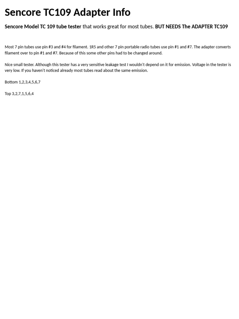 Sencore TC109 Adapter Info | PDF