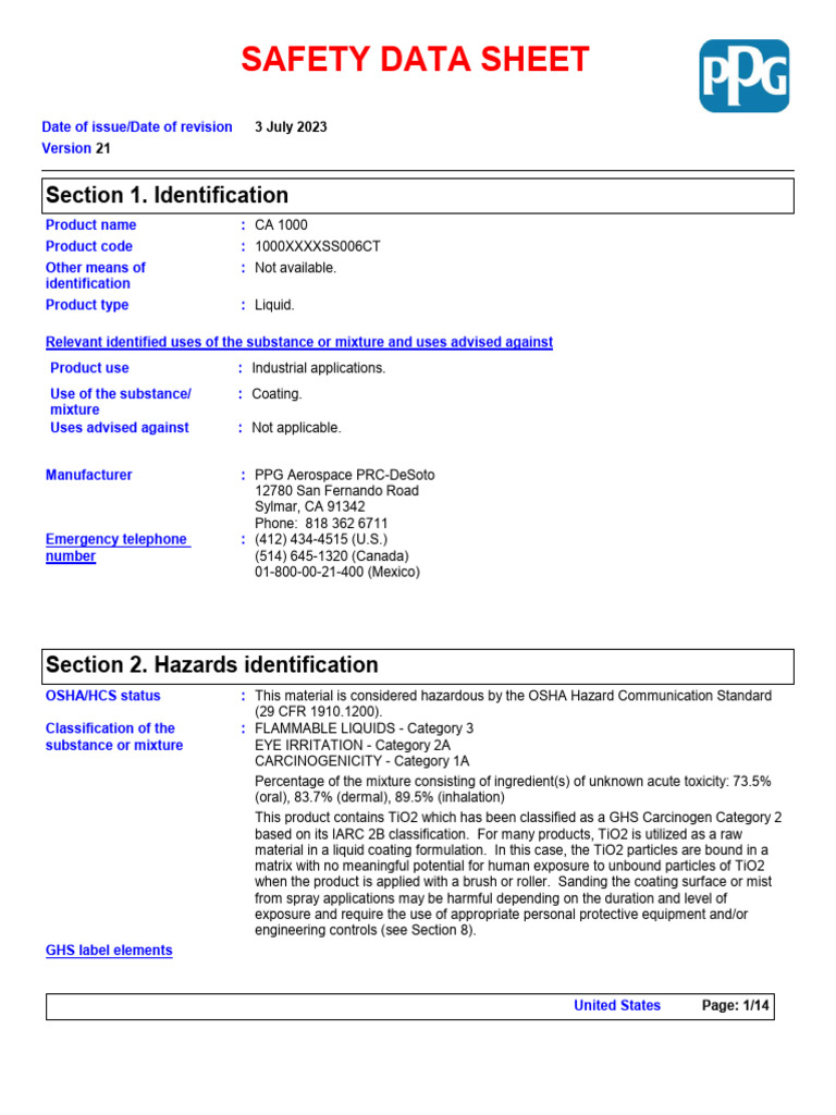 CA 1000 Safety Data Sheet Summary | PDF | Dangerous Goods | Oxide