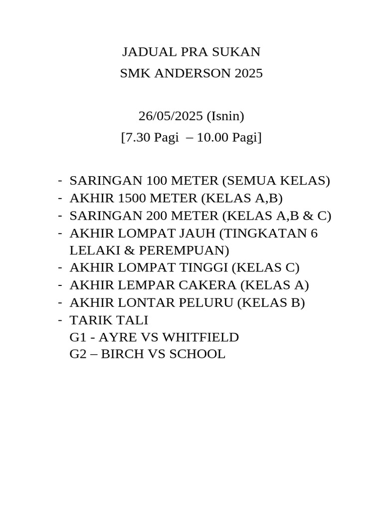 Jadual Pra Sukan | PDF