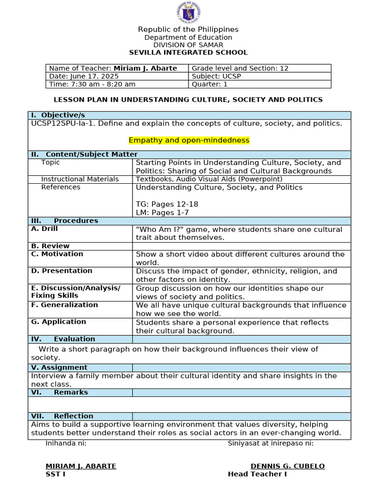 UCSP Lesson Plan: Culture and Society | PDF | Behavior Modification ...