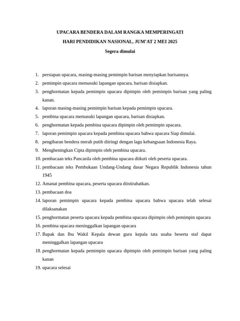 Susunan Upacara Hari Pendidikan Nasional | PDF