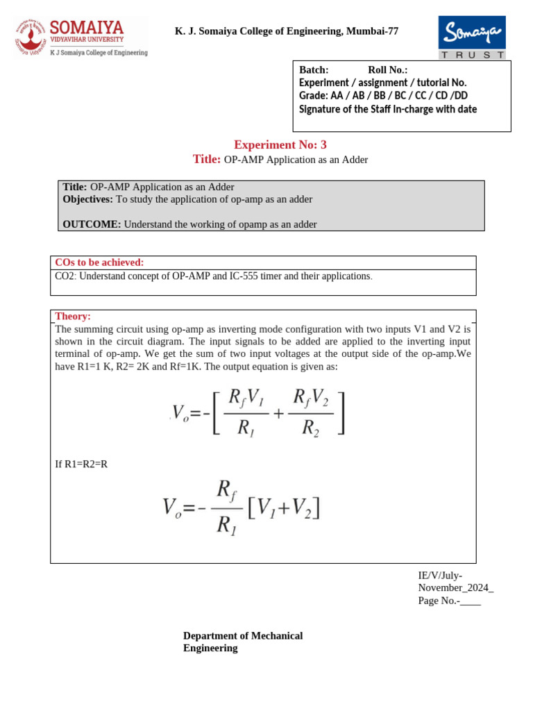OP-AMP Adder Circuit Experiment | PDF | Operational Amplifier | Electricity