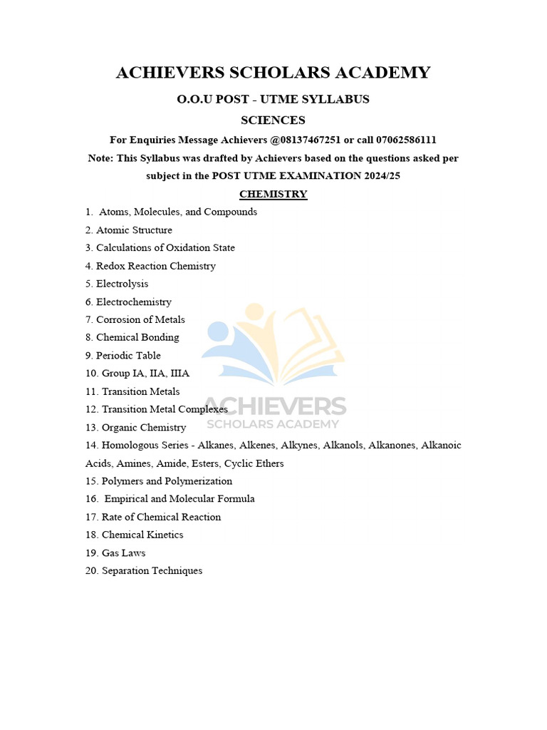 OOU Post UTME Syllabus 2024/25 | PDF | Chemistry | Chemical Reactions