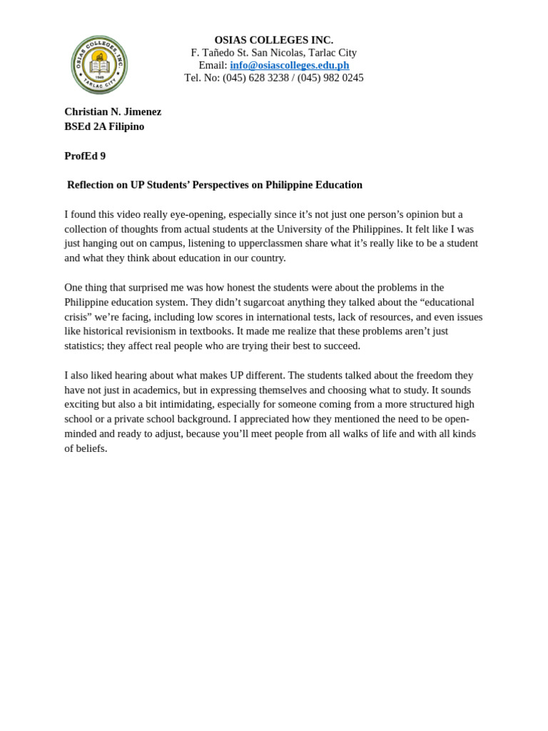 ProfEd 9 Reflection 3 Christian N. Jimenez | PDF