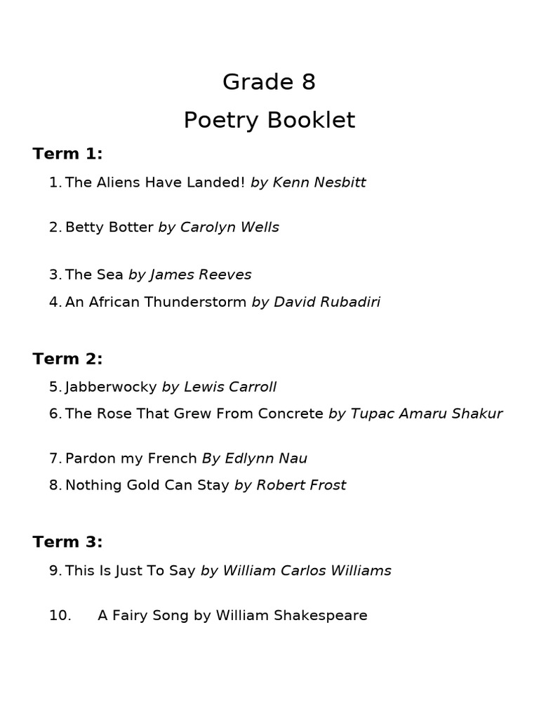 Grade 8 Poetry Booklet Overview | PDF