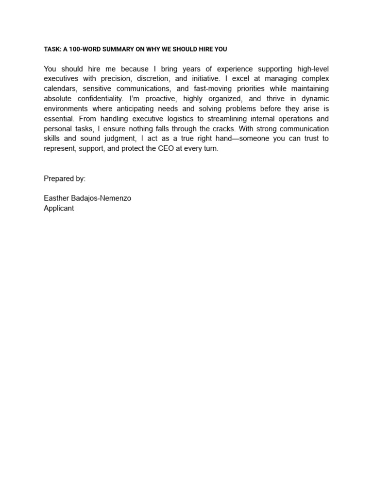 Task - A 100-Word Summary On Why We Should Hire You | PDF