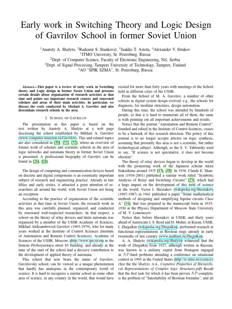 SHALYTO Anatoly - 0000 - Early Work in Switching Theory and Logic Design of Gavrolov School in ...
