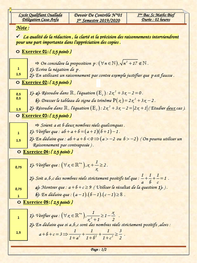 Contrôle Math 1ère Bac Sc 2019/2020 | PDF | Mathématiques