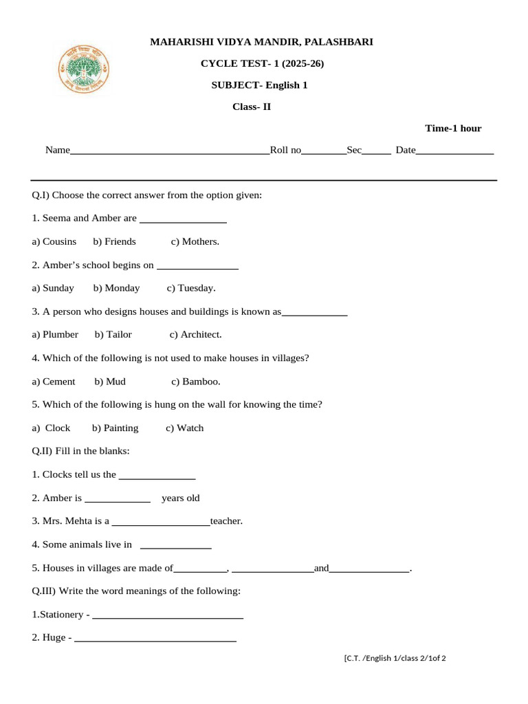 Class 2 English Cycle Test 1 Paper | PDF