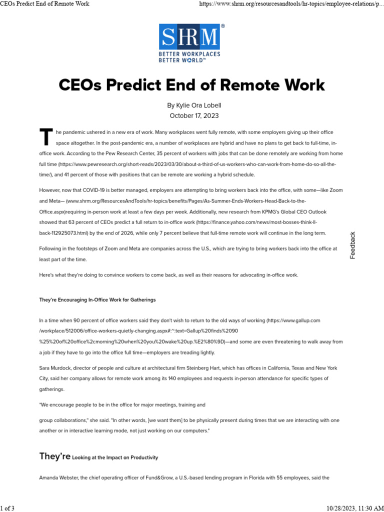 CEOs Forecast End of Remote Work | PDF