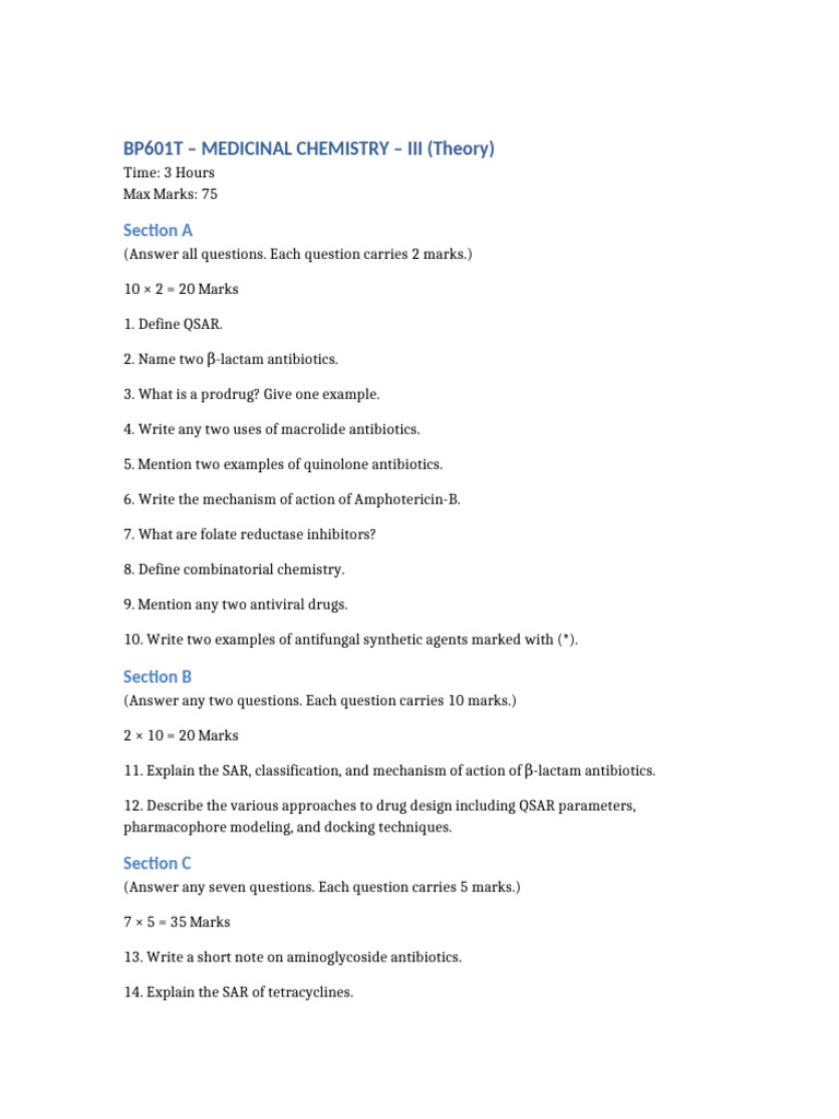 BP601T Medicinal Chemistry III Question Paper | PDF