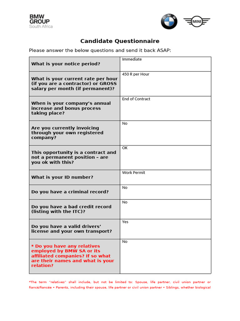 Candidate Questionnaire | PDF