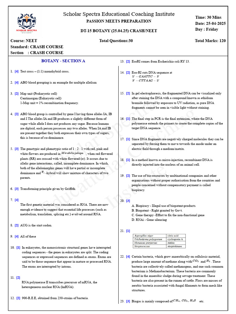 Dt-15 Botany (25.04.25) Crash - Neet - Solutions | PDF | Dominance ...