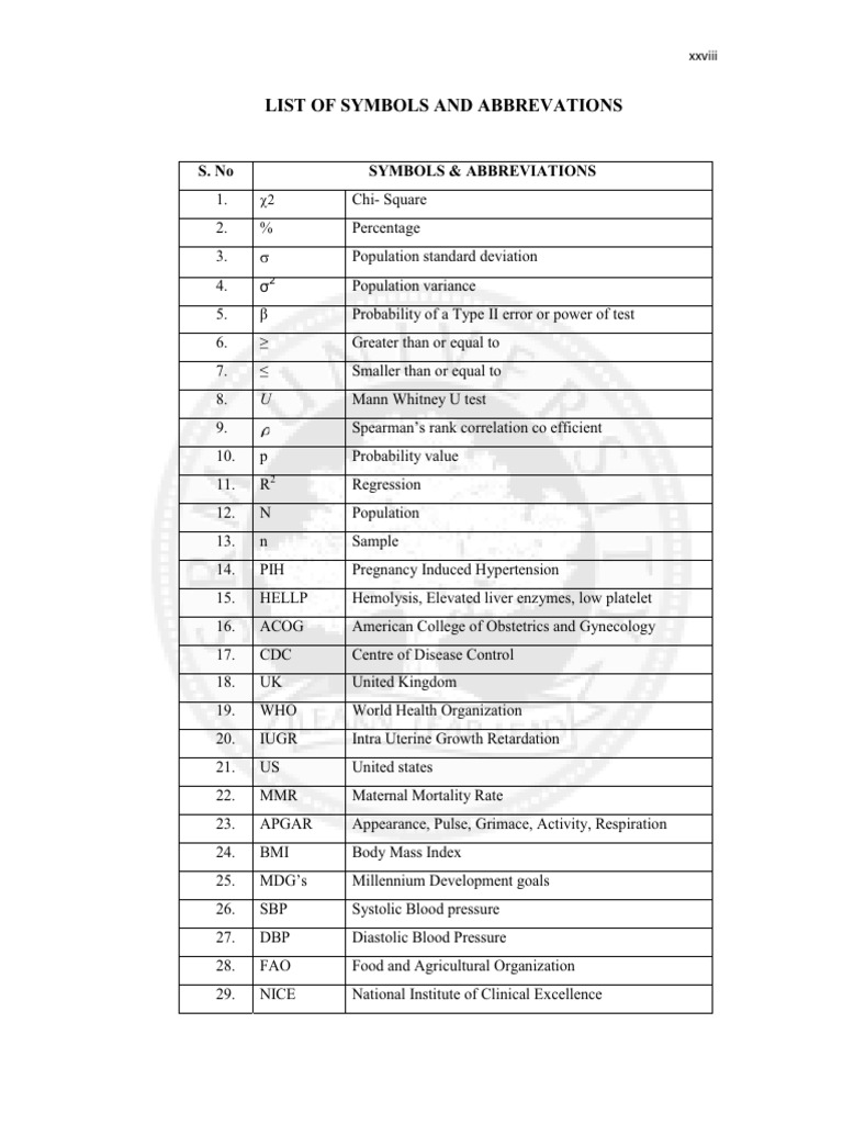 List of Symbols and Abbrevations | PDF