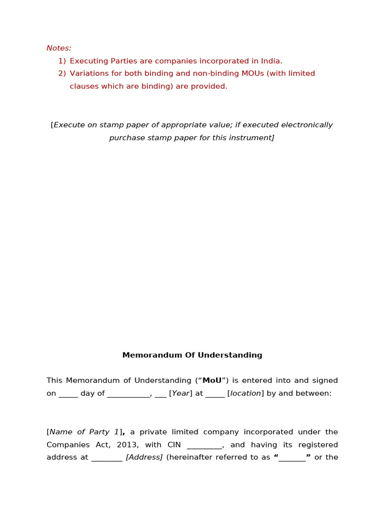 Indian MOU Template for Companies | PDF | Breach Of Contract ...