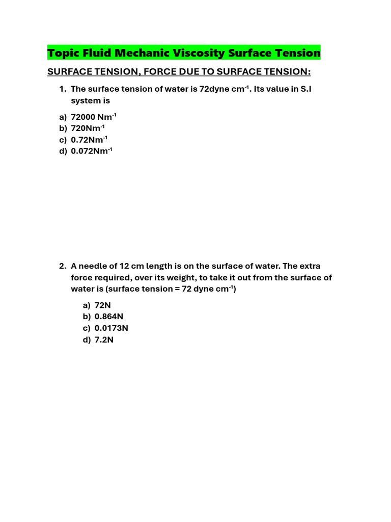 Topic Fluid Mechanic Viscosity Surface Tension | PDF | Drop (Liquid) | Surface Tension