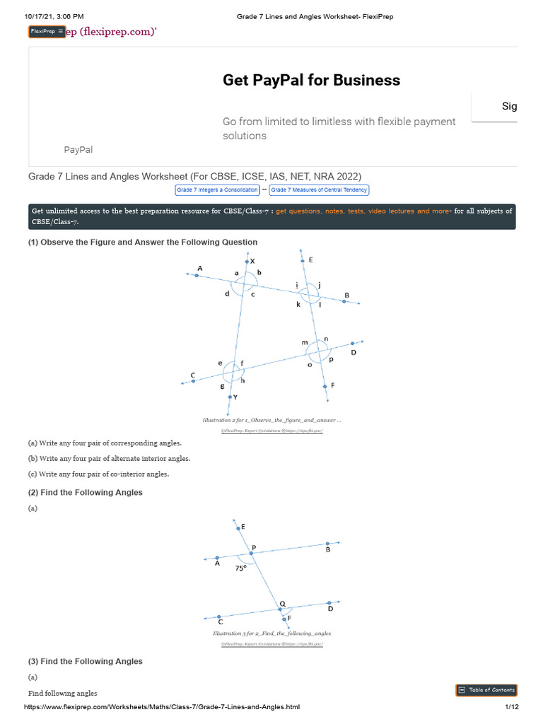 Grade 7 Lines and Angles Worksheet - FlexiPrep | PDF | Angle | Rotation