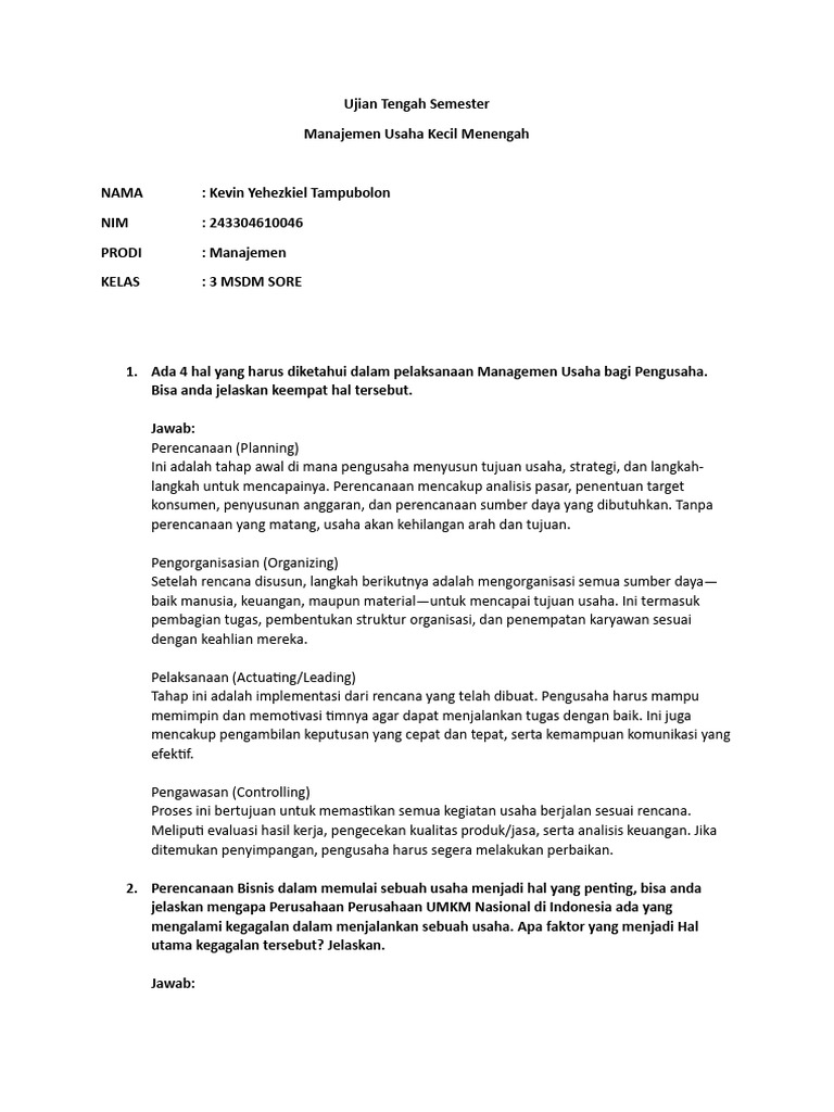 UTS Dan Kuesioner Manajemen UKM Kevin | PDF